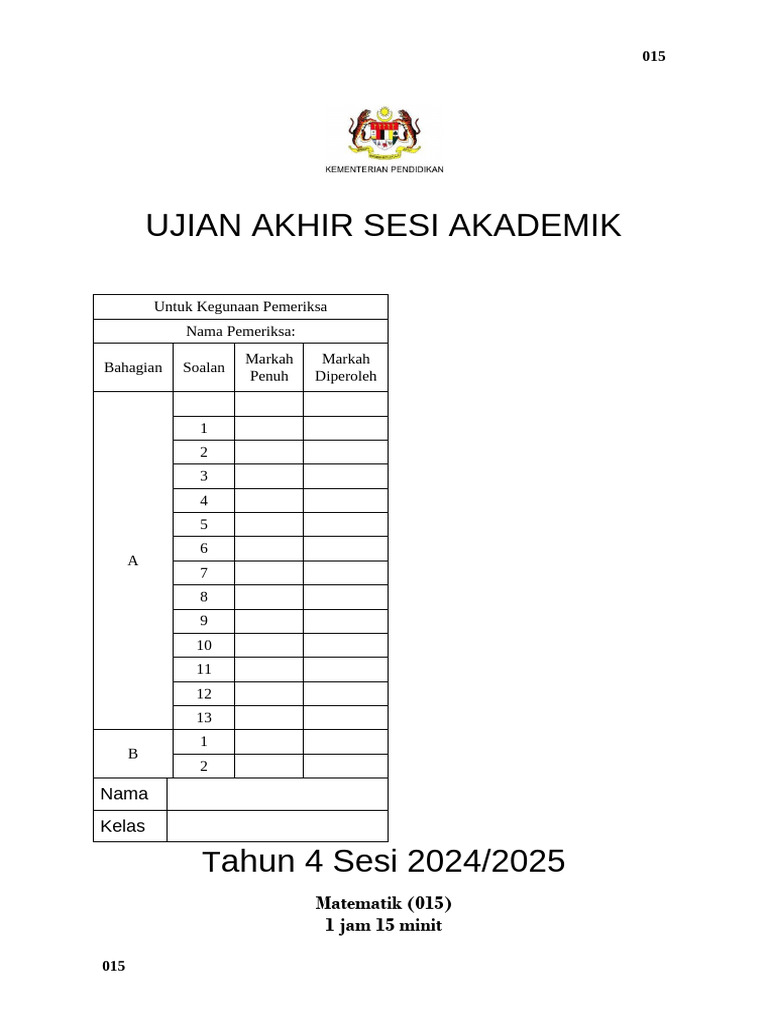 Format Uasa Tahun 4 2024-25 | PDF