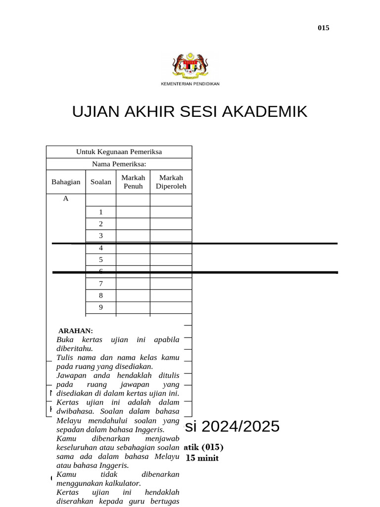 Format Uasa Tahun 6 2024-25 | PDF