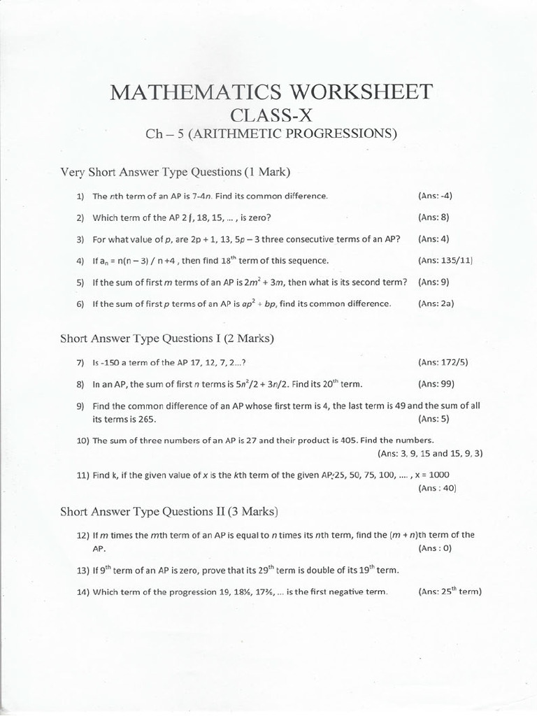CBSE Class 10 Mathematics Worksheet - Arithmetic Progression | PDF