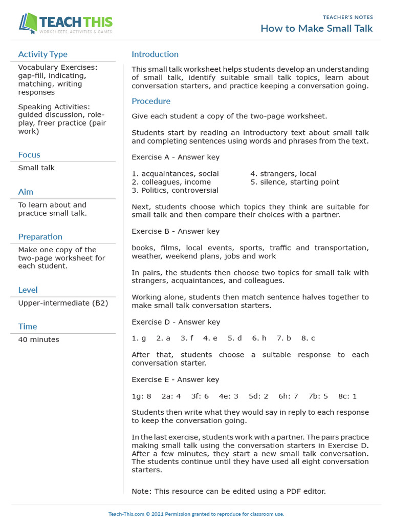 How To Make Small Talk - English 1 | PDF