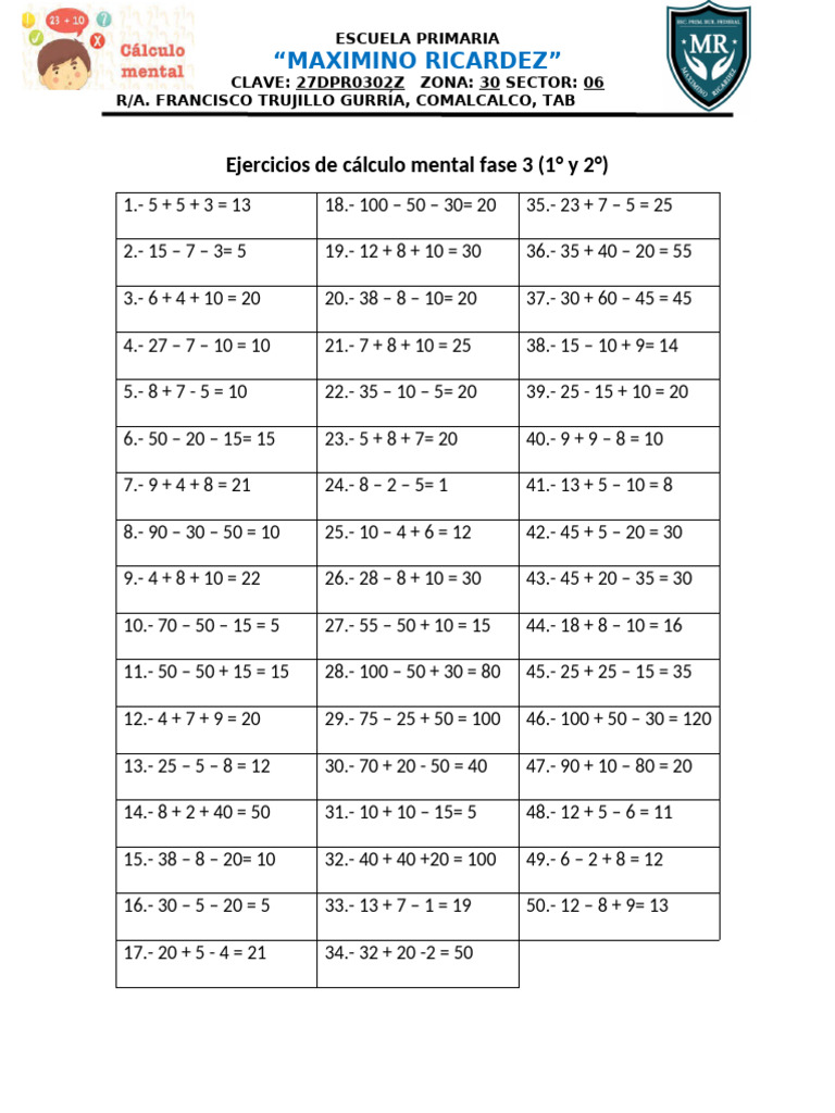 CÁLCULO MENTAL FASE 3 | PDF