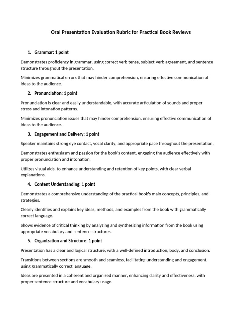 Oral Presentation Evaluation Rubric For Practical Book Reviews | PDF