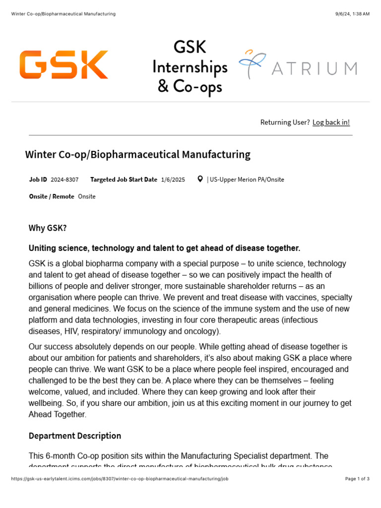 Winter Co-op:Biopharmaceutical Manufacturing | PDF