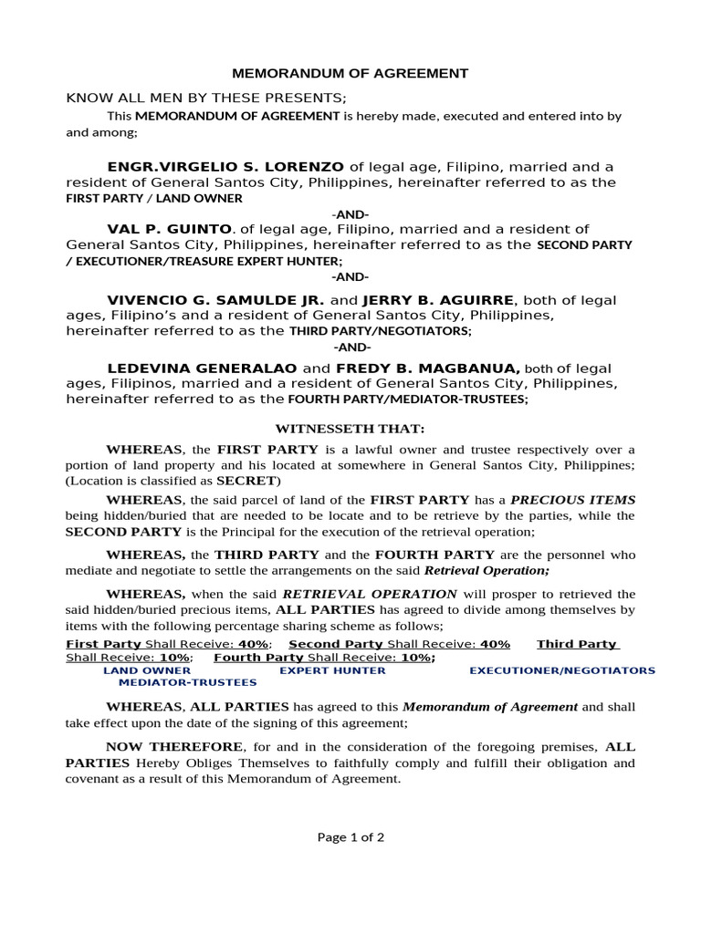 Treasure Memorandum of Agreement Lorenzo | PDF