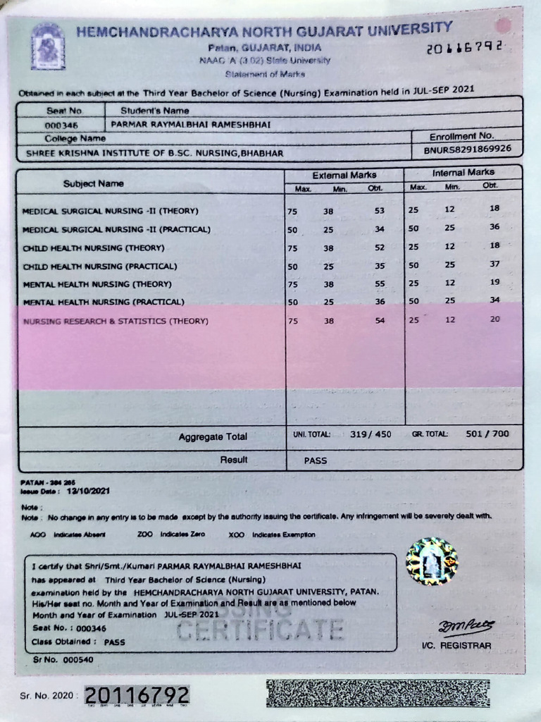 Third Year Marksheet | PDF