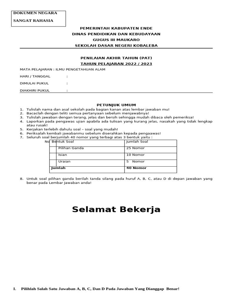 Soal Jadi Pat II Kelas Vi Mapel Ipa Dan Ips | PDF