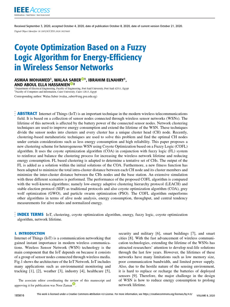 Coyote Optimization Based On A Fuzzy Logic Algorit | PDF | Wireless Sensor Network | Cluster ...