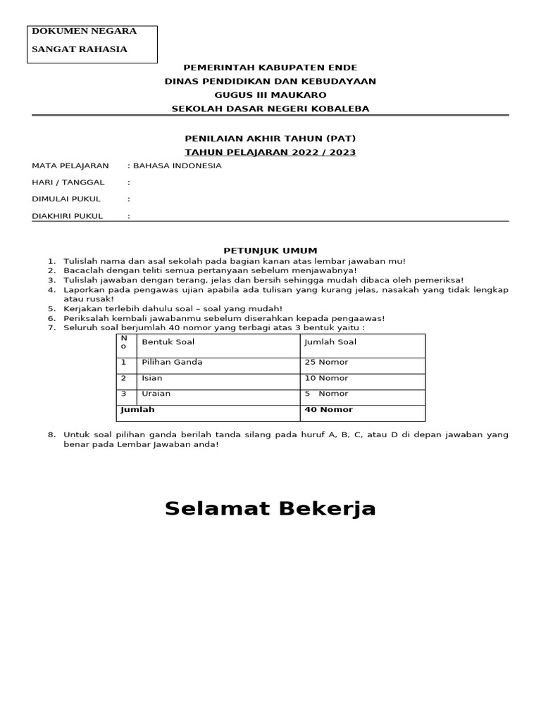 Soal Jadi Pat Ii Kelas Vi Mapel Bindo | PDF