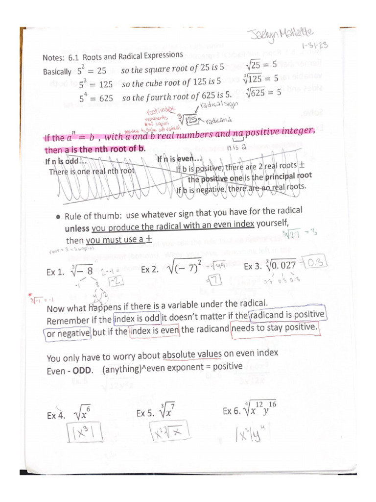 Notes 6.1 Roots and Radical Expressions | PDF