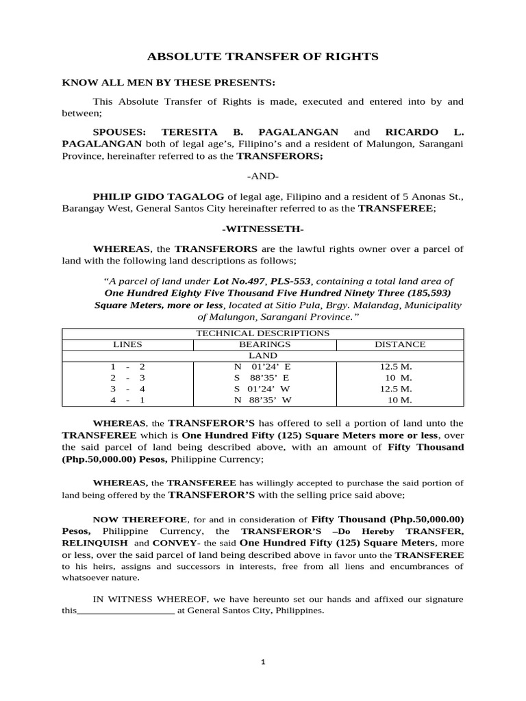 ABSOLUTE TRANSFER OF RIGHT Tagalog | PDF