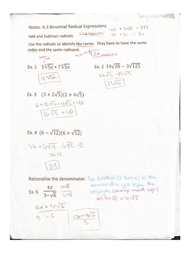 Notes 6.3 Binomial Radical Expressions | PDF