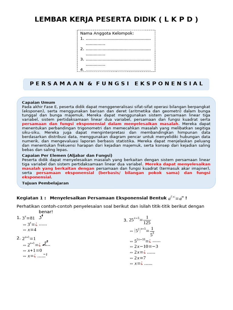 LKPD - Fungsi Eksponensial & Persamaan Eksponen | PDF