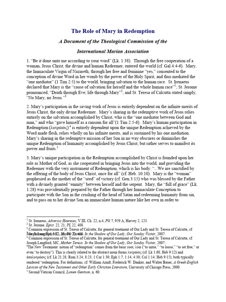 The Role of Mary in Redemption 1 | PDF
