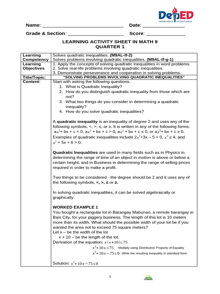 LAS - MATH 9 - QUARTER 1 (Day 3-4) | PDF