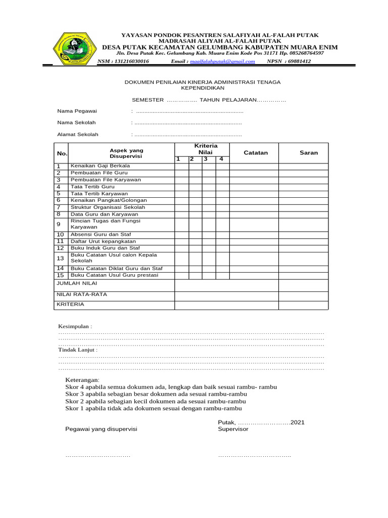 F.43 DOKUMEN FORMAT PENILAIAN KINERJA TENDIK | PDF