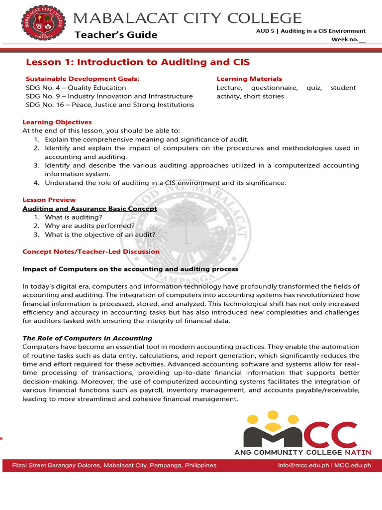 TEACHERS-GUIDE - AUD 5 - CIS Environment - Intro To Audit and CIS | PDF