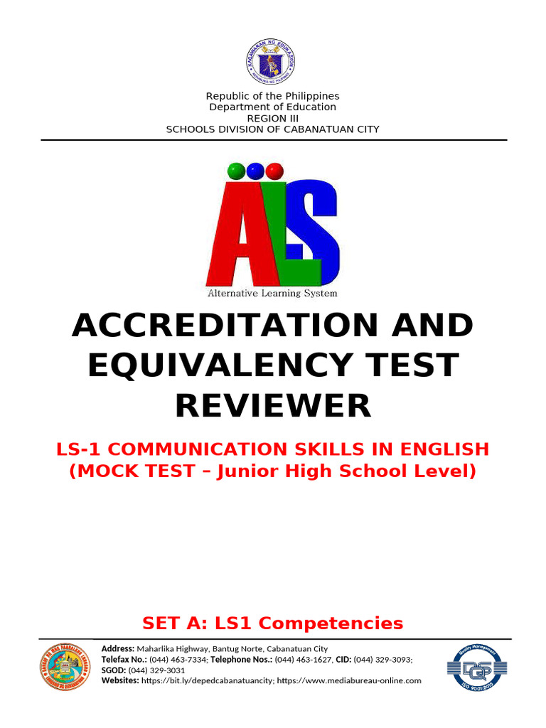 ALS A - E Reviewer Mock Test LS1 Communication Skills English1 | PDF