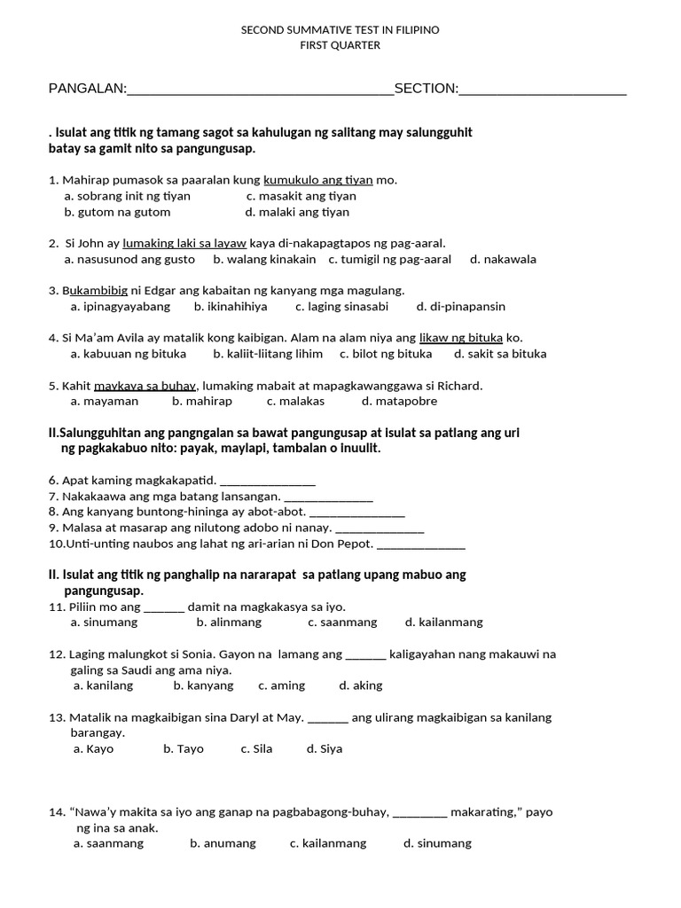 2nd Summative Test in Filipino-1st Quarter | PDF