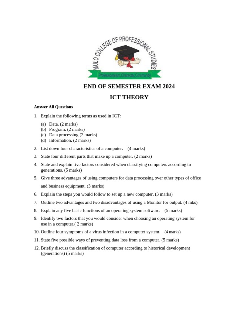 END OF SEMESTER EXAM 2024 Ict | PDF