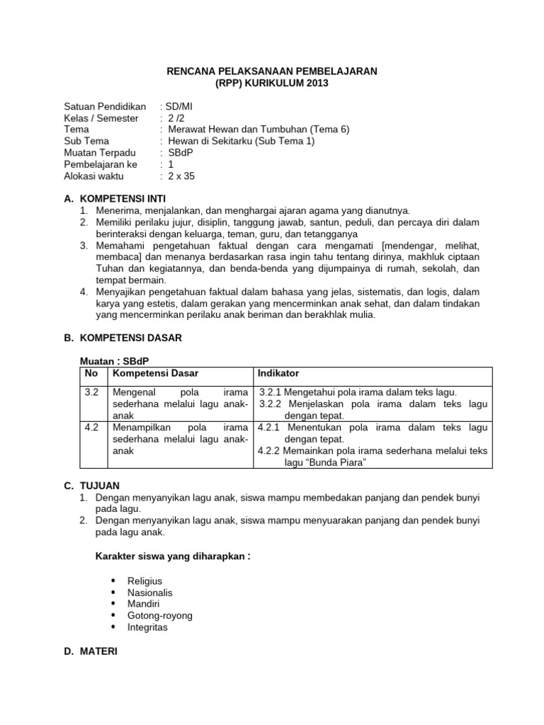RPP TEMA 6 Pembelajaran 1 SBDP | PDF