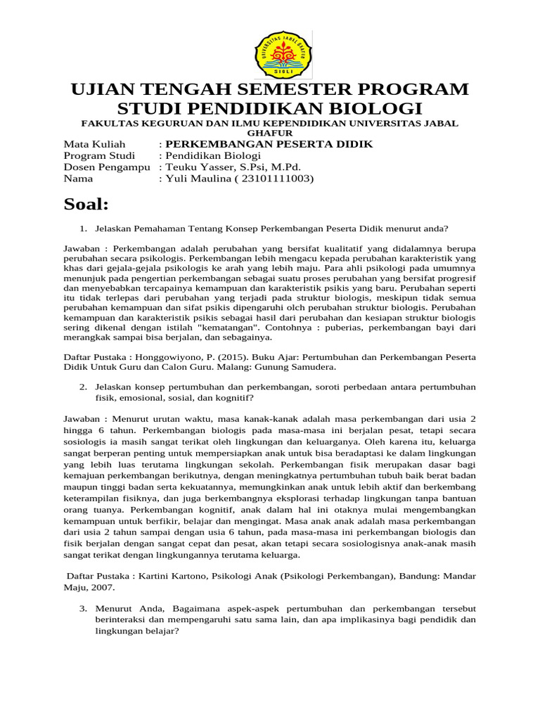 Yuli Maulina (23101111003) UJIAN TENGAH SEMESTER PROGRAM STUDI PENDIDIKAN BIOLOGI | PDF