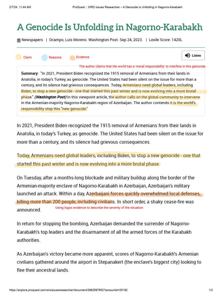 ProQuest - SIRS Issues Researcher A Genocide Is Unfolding in Nagorno ...