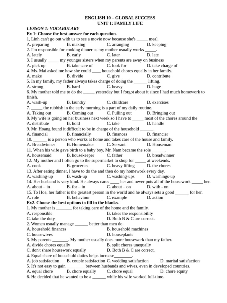 GLOBAL 10 - Unit 1 - Family Life | PDF