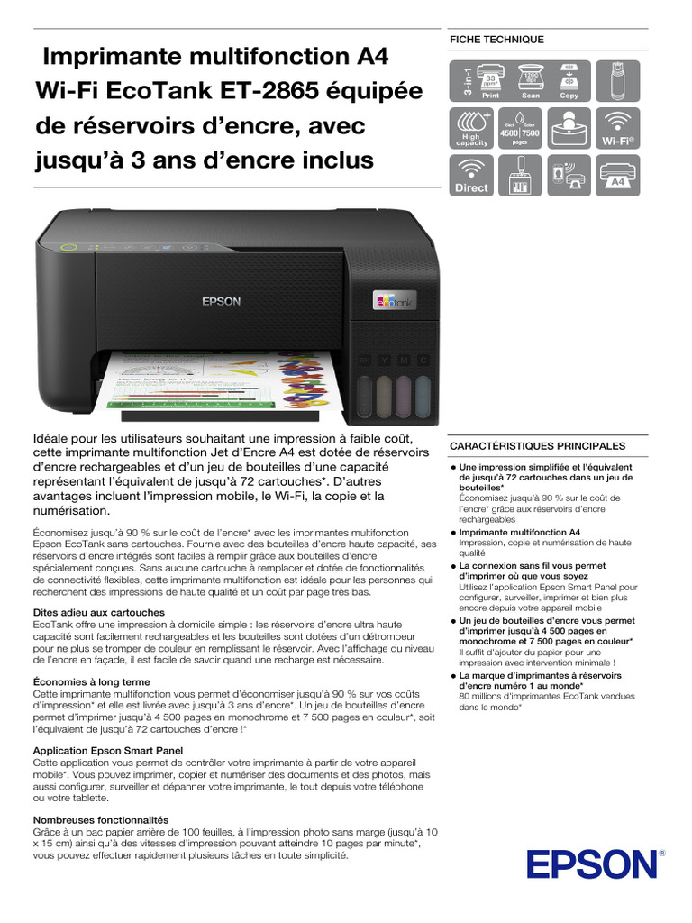 Fiche Technique Imprimante Multifonction A4 Wi-Fi EcoTank ET-2865 | PDF ...