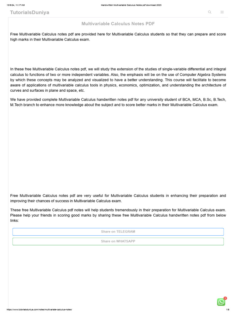 Handwritten Multivariable Calculus Notes PDF Download 2023 | PDF