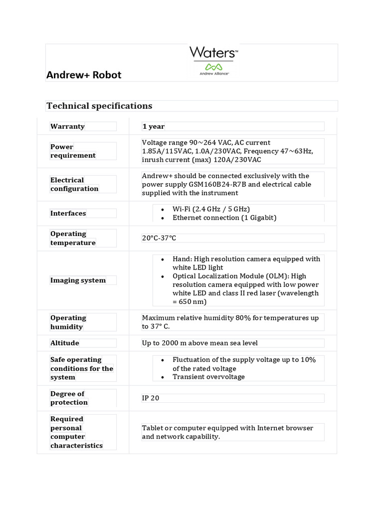 Andrew Alliance Technical Specifications | PDF