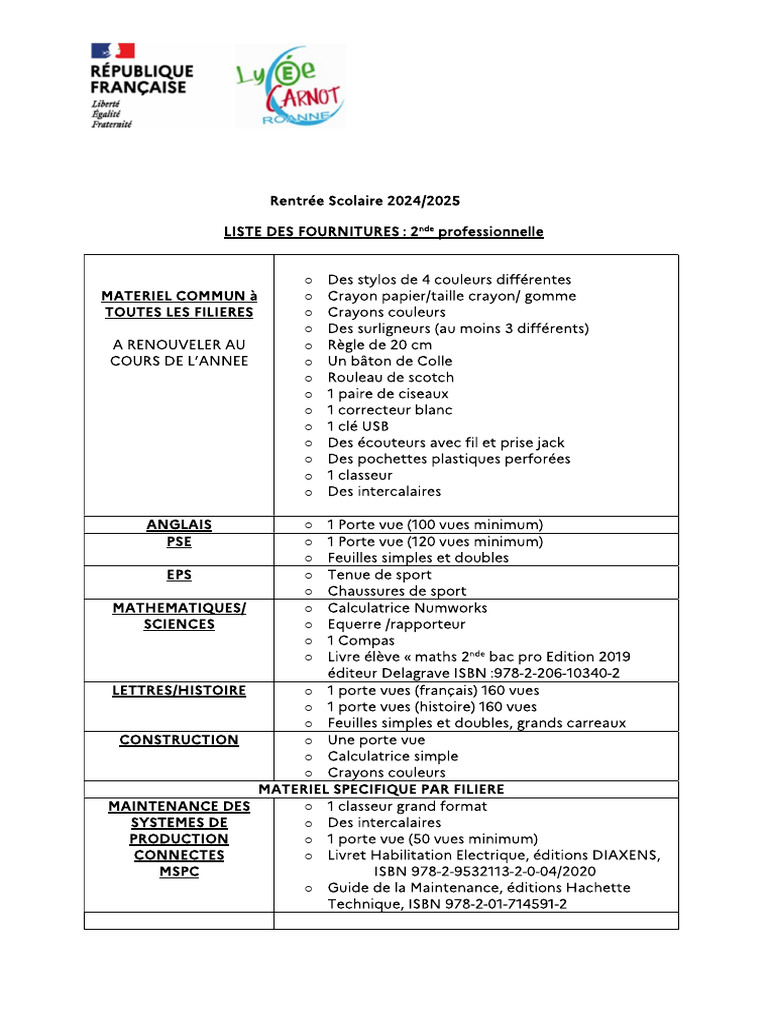 Liste Fournitures Scolaires Pour 2nde Rentrée 2024 | PDF