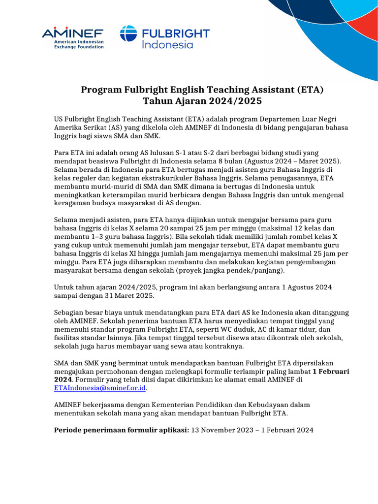 Profil Program & Formulir Aplikasi Bagi Sekolah Host ETA 2024_final | PDF