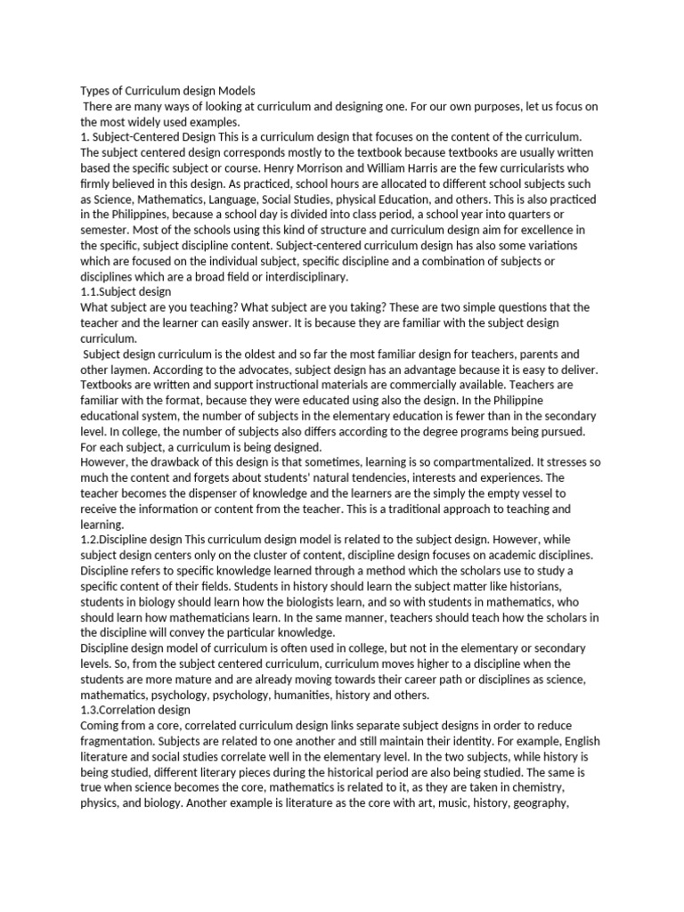 Types Of Curriculum Design Models Pdf