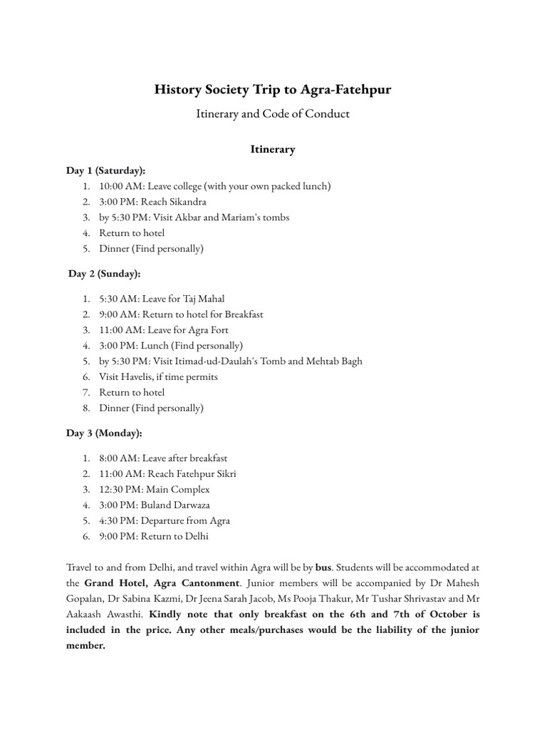 Agra Trip Itinerary and Code of Conduct | PDF