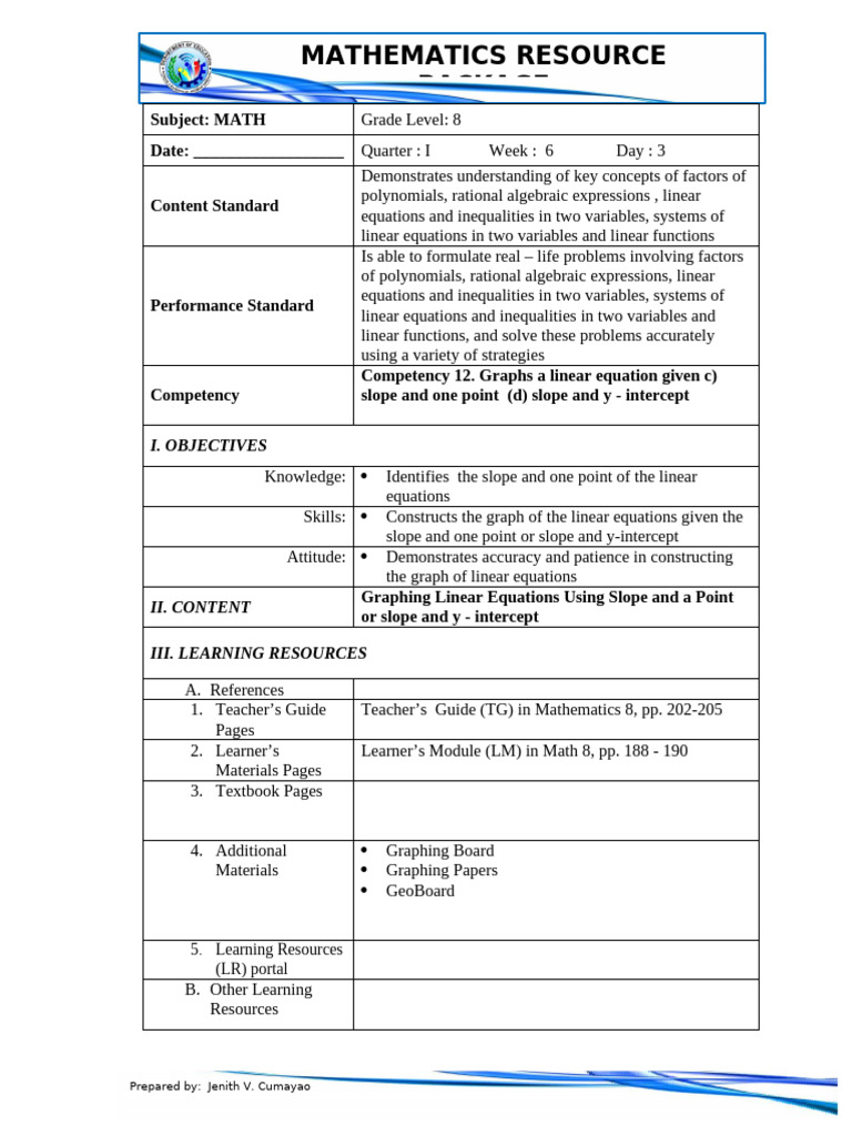 DLP WEEK 6 Graphing Linear Equation Given Slope and One Point DAY 2 | PDF