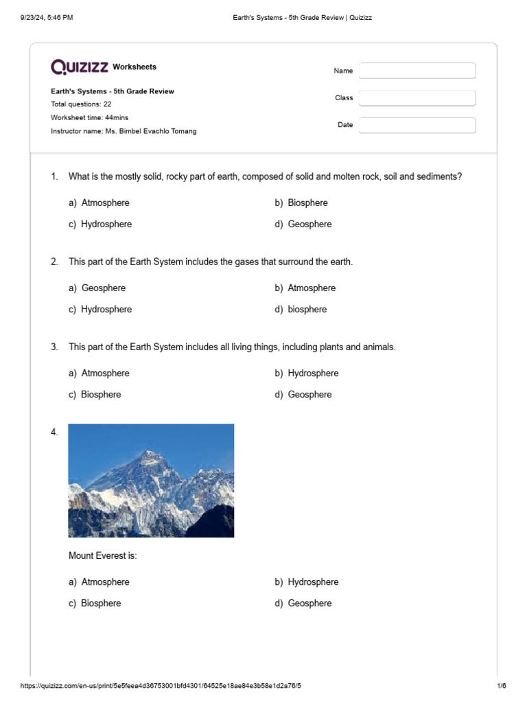 Earth's Systems - 5th Grade Review | PDF