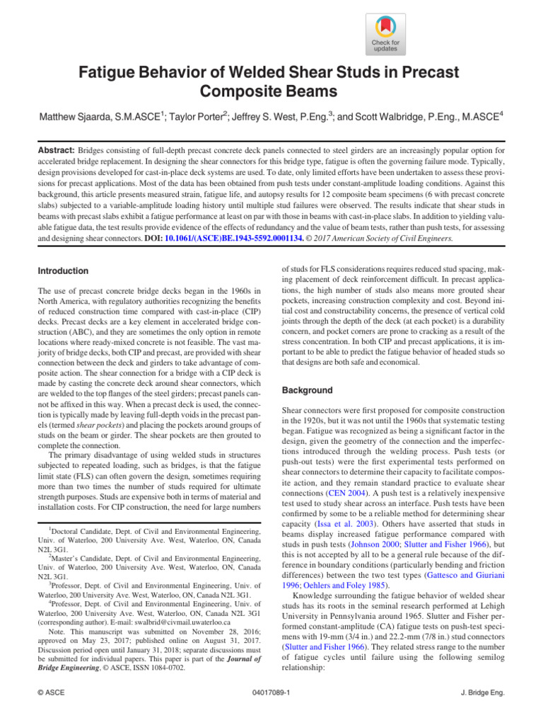Sjaarda Et Al 2017 Fatigue Behavior of Welded Shear Studs in Precast ...