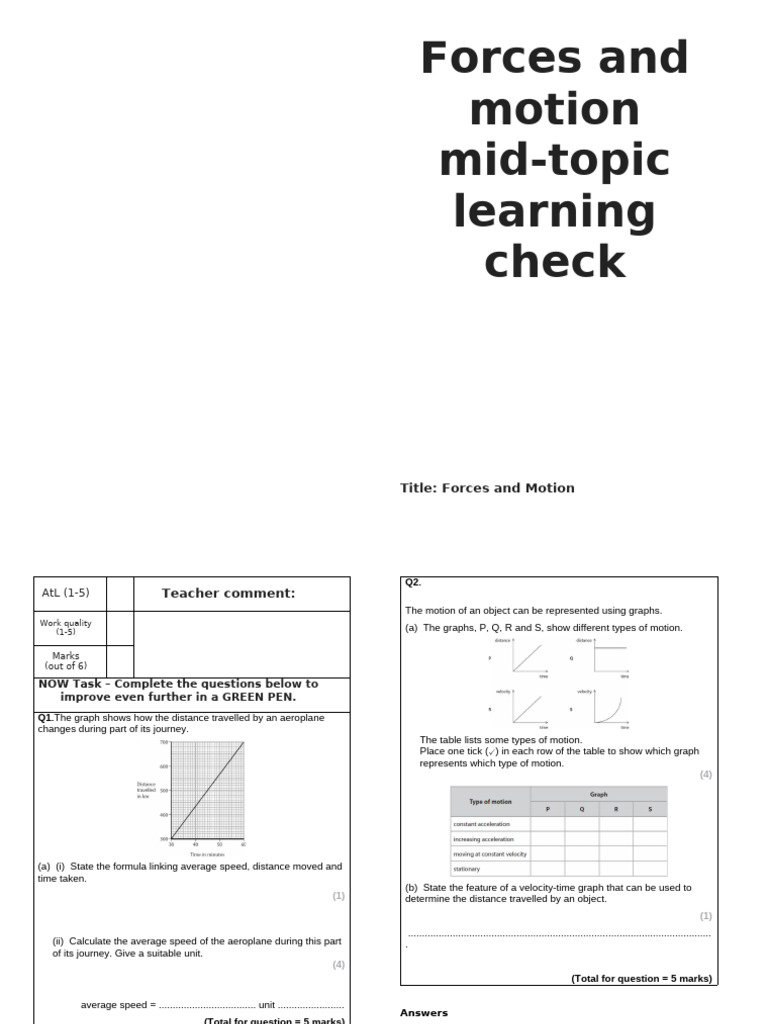 Forces and Motion Mid Point Learning Check | PDF