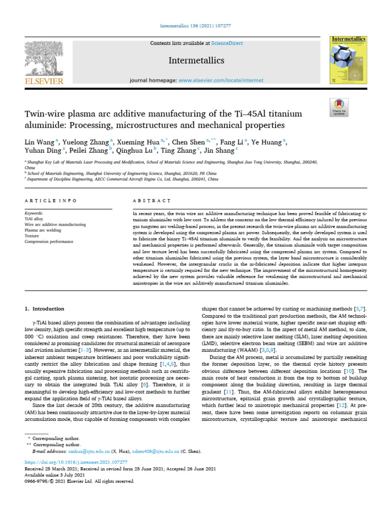 Twin Wire Plasma Arc Additive Manufacturing Of The Ti 45al Titanium