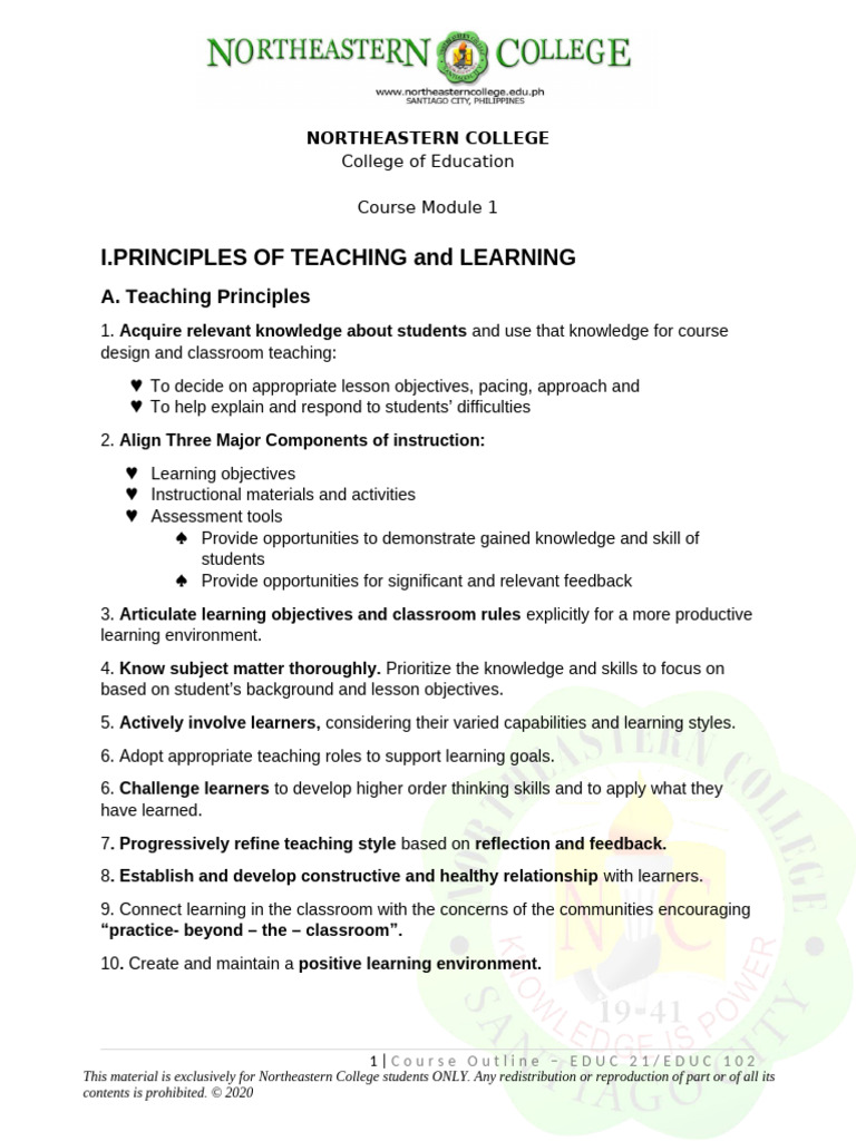 Principles of Teaching Module 1 | PDF