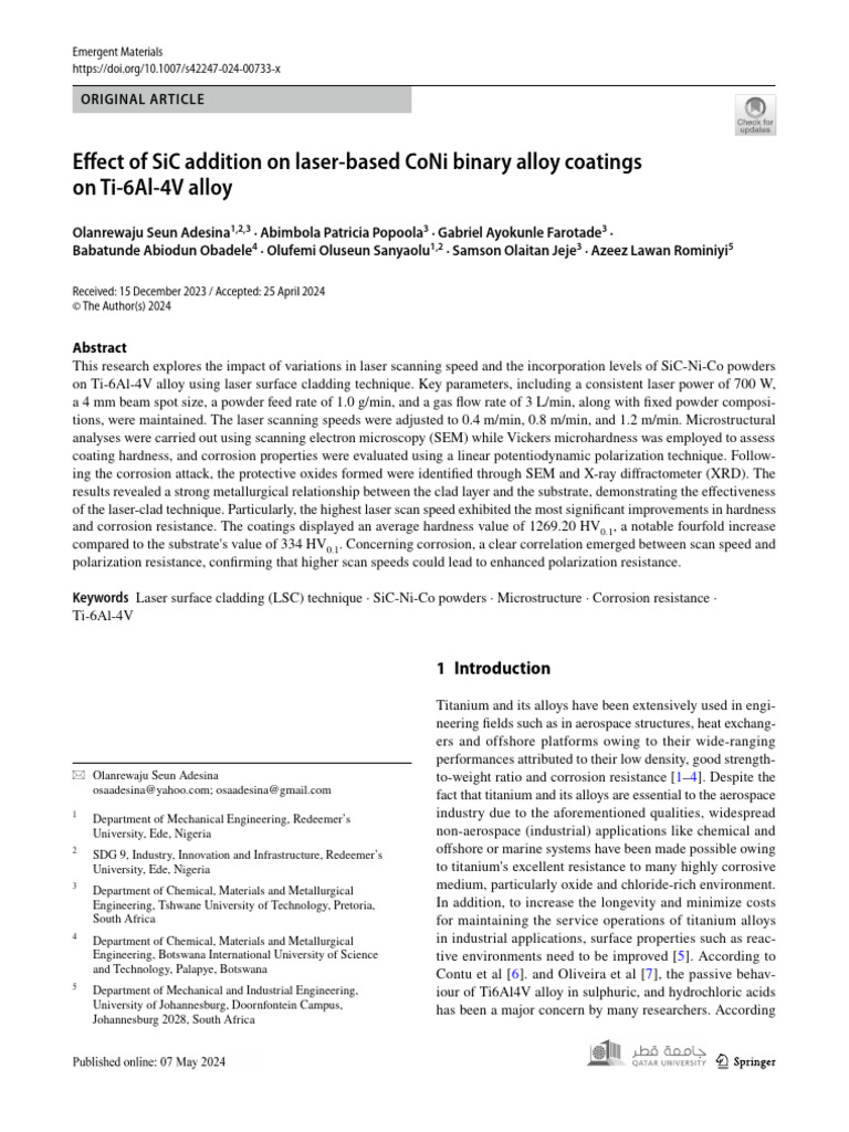Efect of SiC Addition On Laser Based CoNi Binary Alloy Coatings | PDF