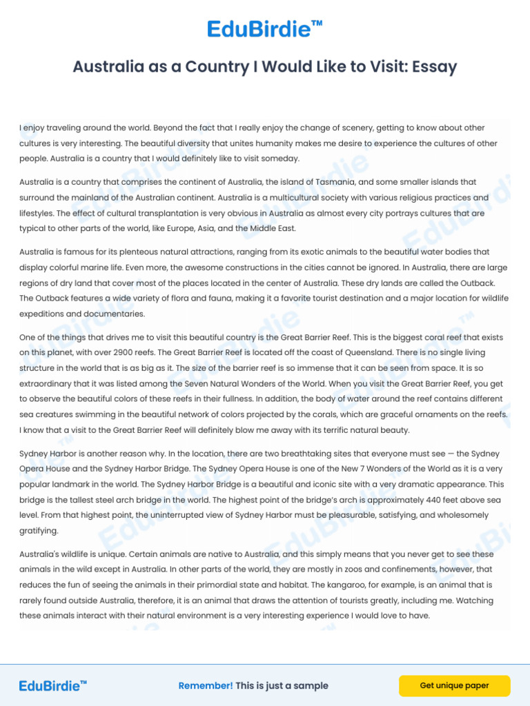 Australia As A Country I Would Like To Visit Essay | PDF