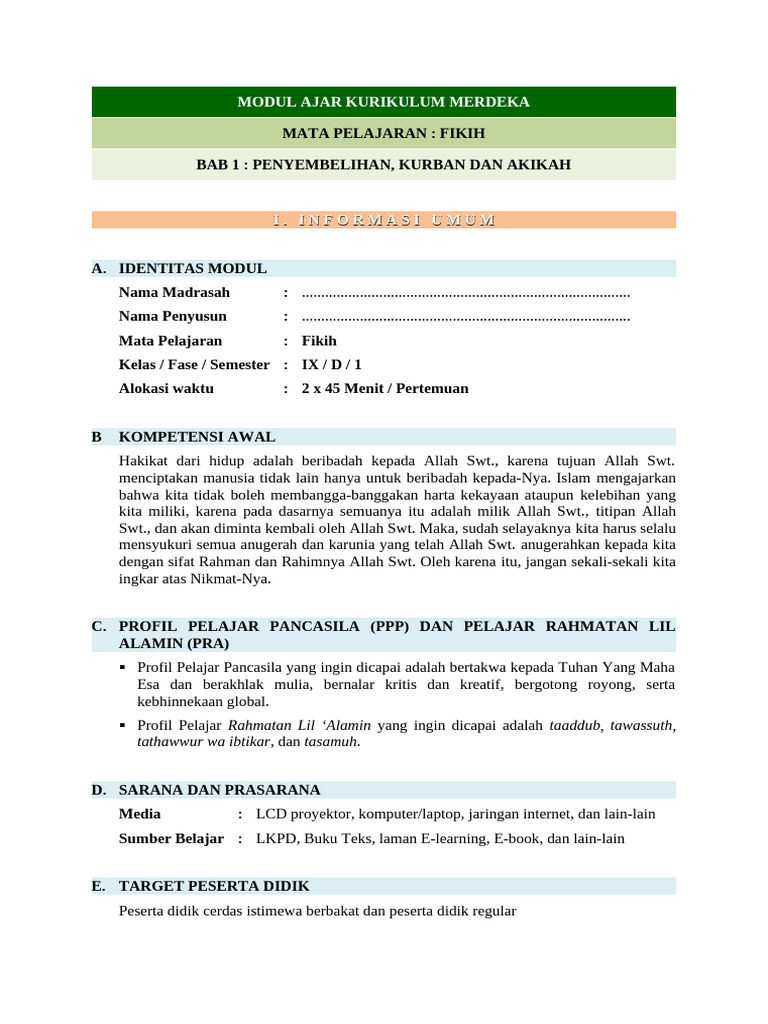 Modul Fikih 9 Bab 1 - Penyembelihan, Kurban Dan Akikah | PDF