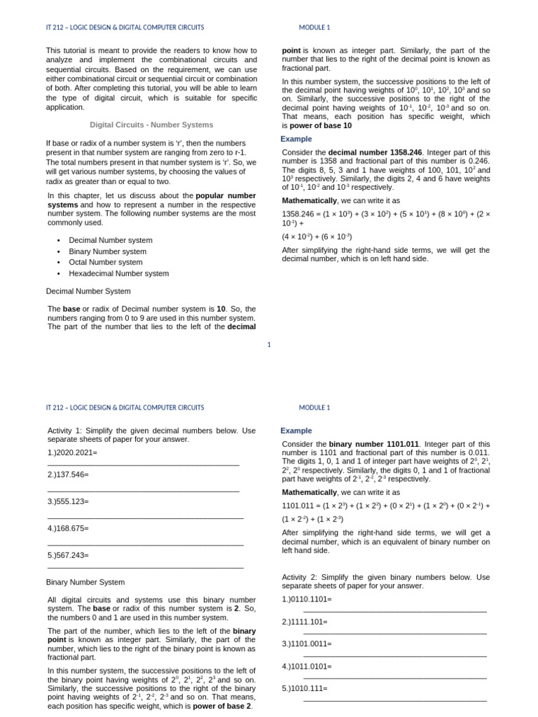 M1 - IT 212 - Logic Design and Digital Computer Circuits | PDF ...