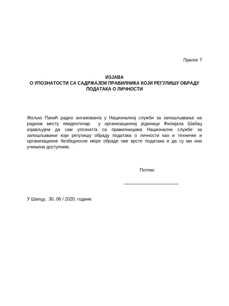 Izjava o Upoznatosti Sa Sadržajem Pravilnika Koji Reguliše Obradu ...