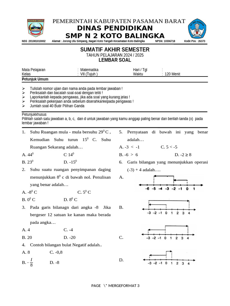 SOAL MATEMATIKA KELAS VII | PDF