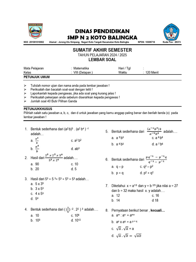 SOAL MATEMATIKA KELAS VIII | PDF