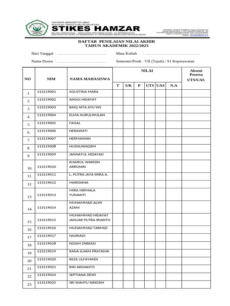 Daftar Penilaian Nilai Akhir | PDF