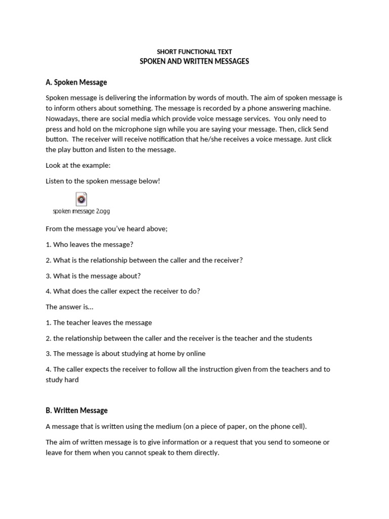 SHORT FUNCTIONAL TEXT Spoken N Written Messages | PDF