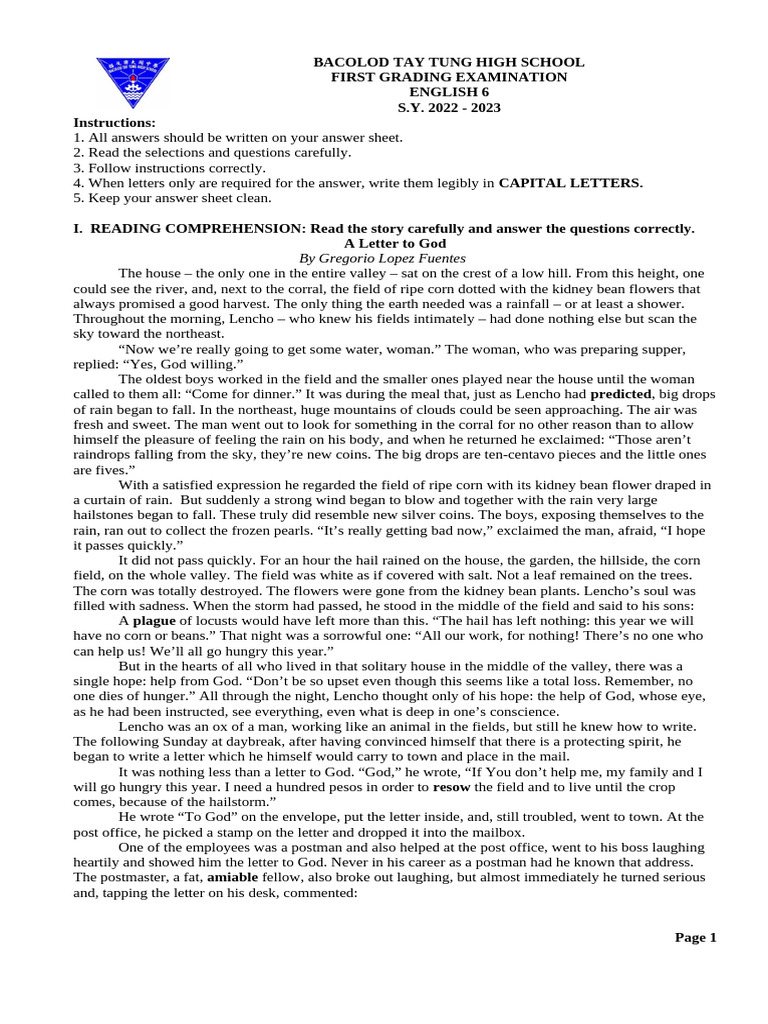 FIRST-GRADING-EXAM-2022-2023 | PDF